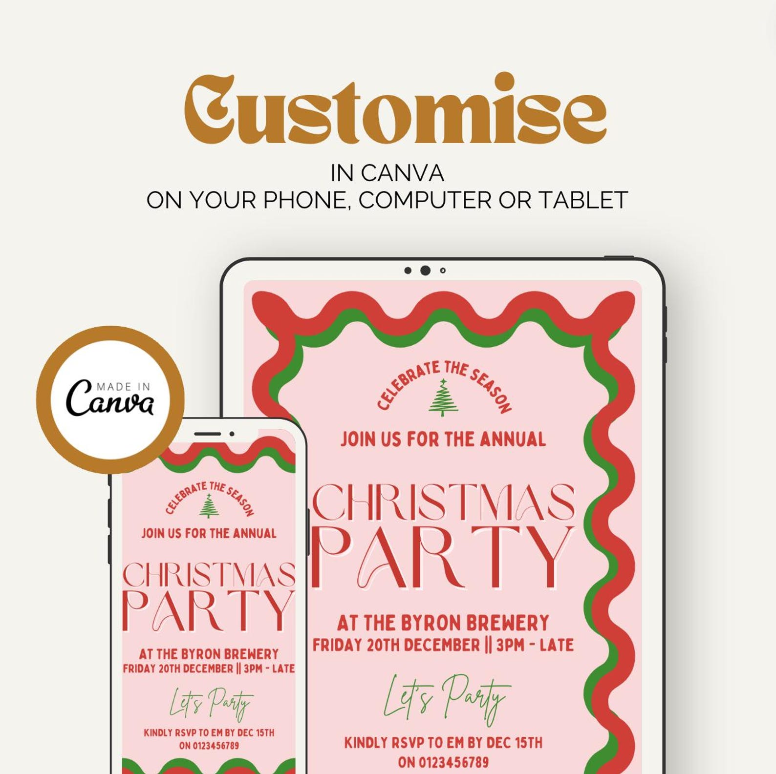 Wavy Border Christmas Party Invitation Red Green Minimalist Christmas ...