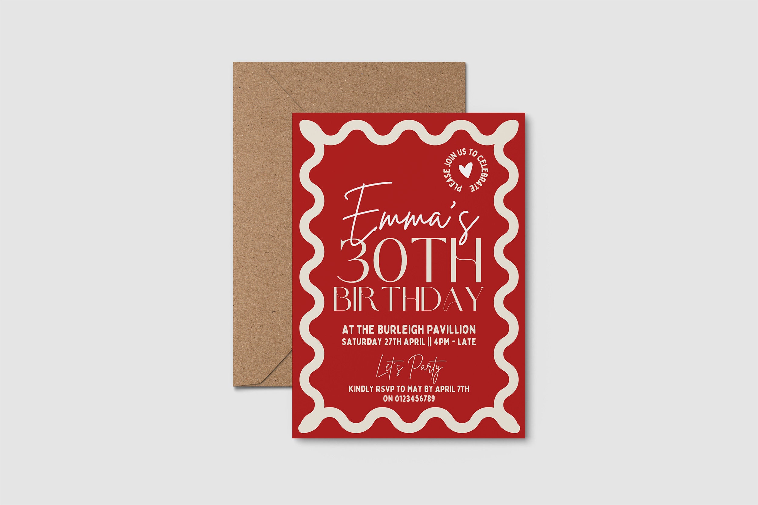 Wavy Border Red White Birthday Party Invitation Template Squiggly ...