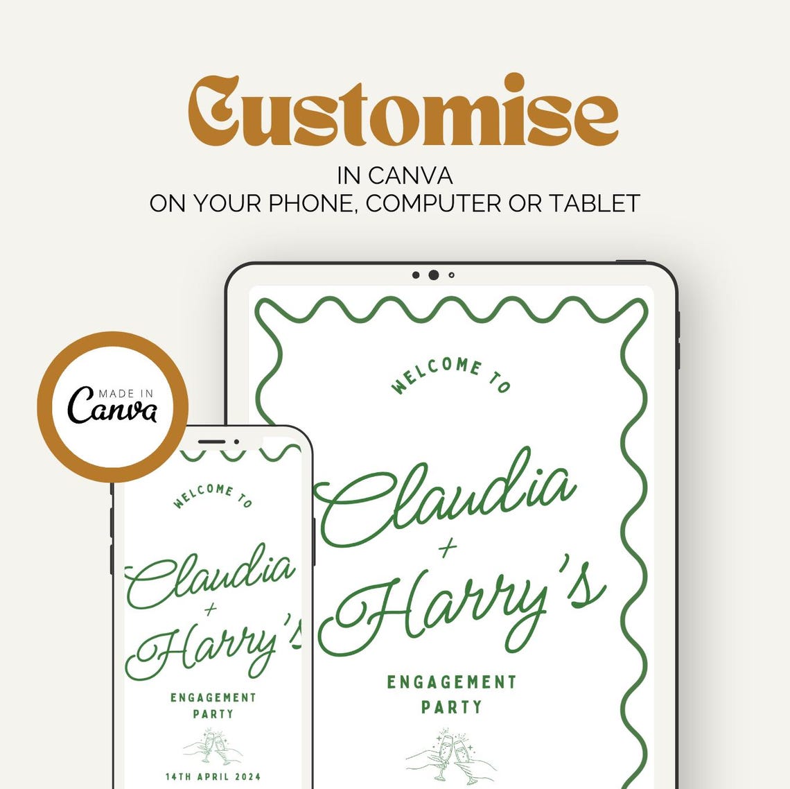 Wavy Border Engagement Party Easel Welcome Sign Template Squiggly ...