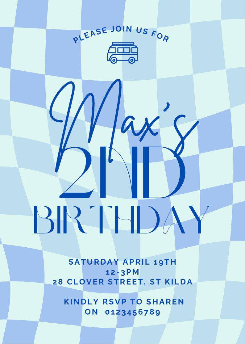 Wavy Border Blue Check Boy Birthday Party Invitation Template Squiggly ...