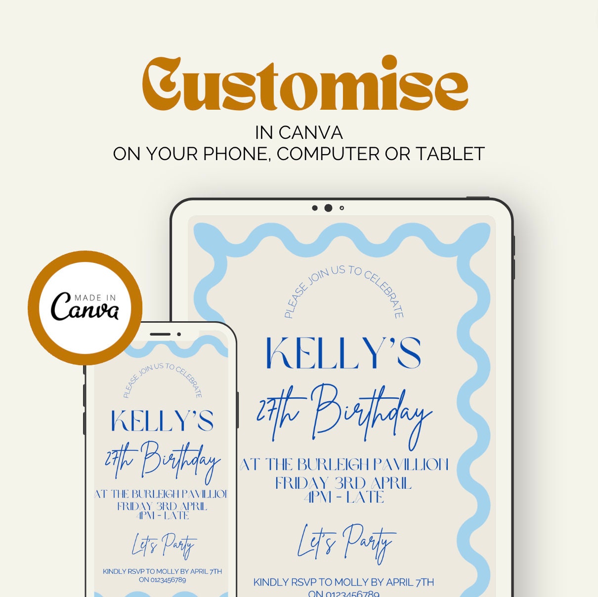 Wavy Border Blue Birthday Party Invitation Template Squiggly Border ...