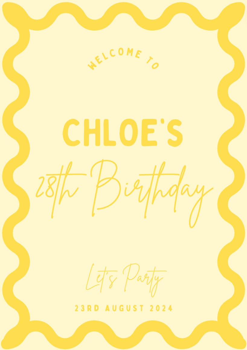 Wavy Border Yellow Party Easel Welcome Sign Template Squiggly Border ...