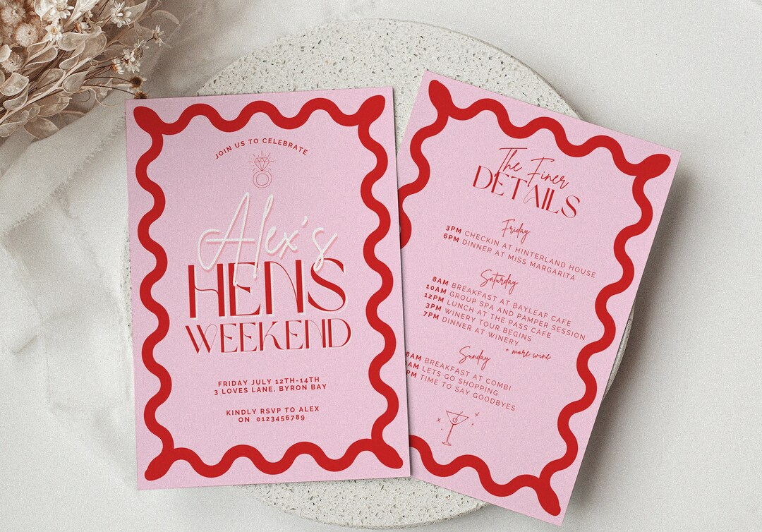 Hens Weekend Invitation Template Wavy Border Pink Red Bachelorette ...