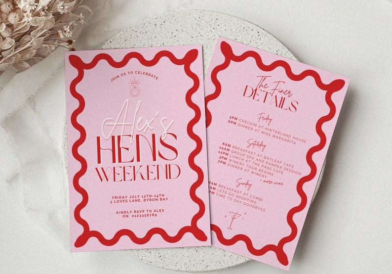 Hens Weekend Invitation Template Wavy Border Pink Red Bachelorette ...