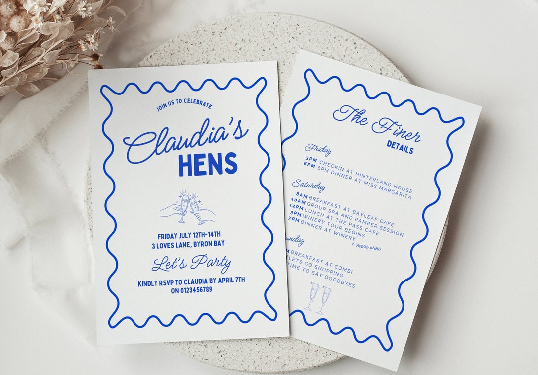 Hens Weekend Invitation Template Wavy Border White Blue Bachelorette ...
