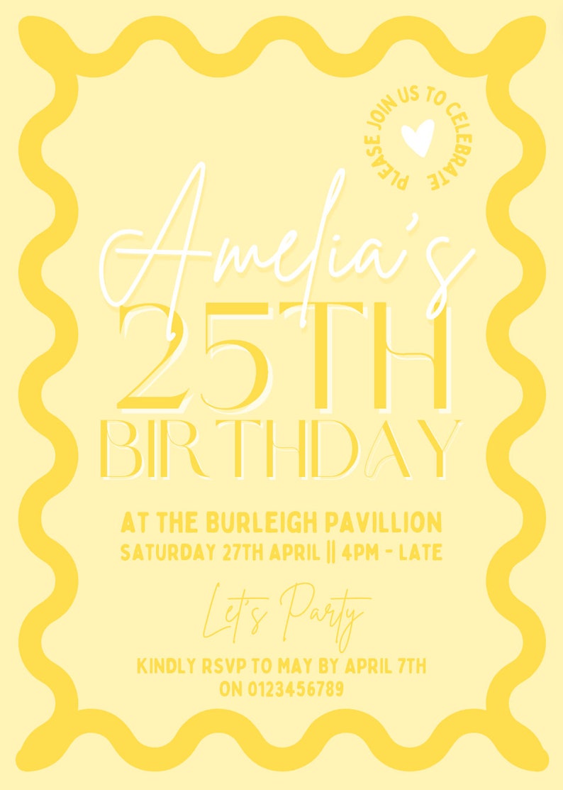 Wavy Border Yellow Birthday Party Invitation Template Squiggly Border ...
