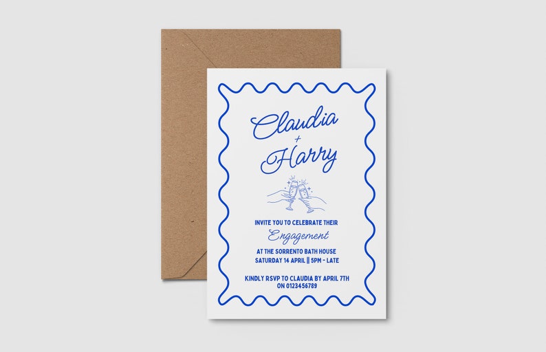 Wavy Border Engagement Party Invitation Template Blue White Squiggly ...