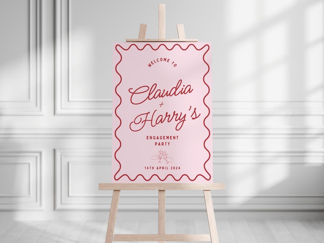 Wavy Border Engagement Party Easel Welcome Sign Template Squiggly ...