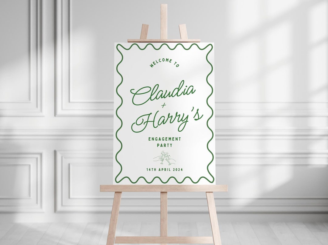 Wavy Border Engagement Party Easel Welcome Sign Template Squiggly ...
