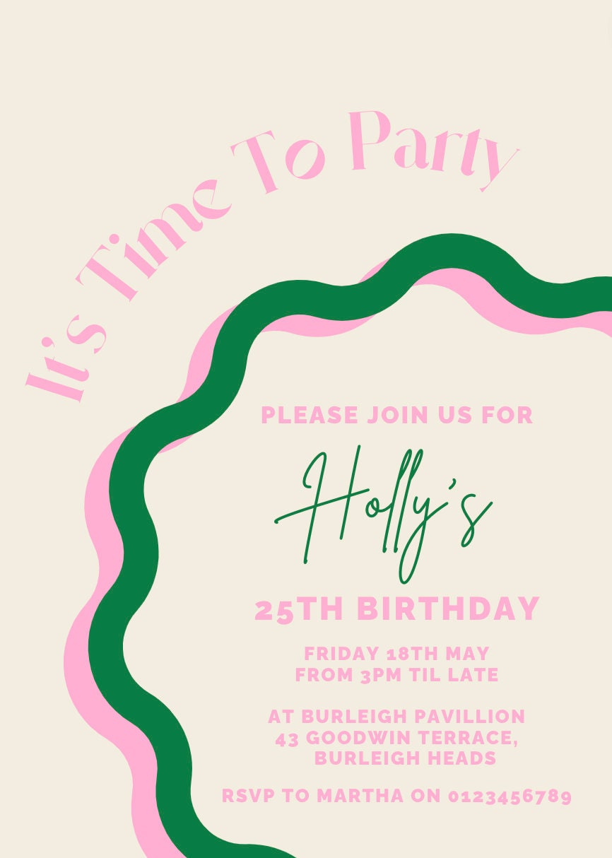 Wavy Border Pink Green Birthday Party Invitation Template Squiggly ...