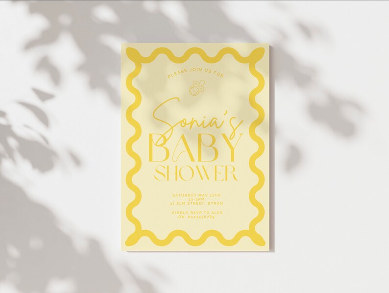 Wavy Border Baby Shower Party Invitation Yellow Template Squiggly ...