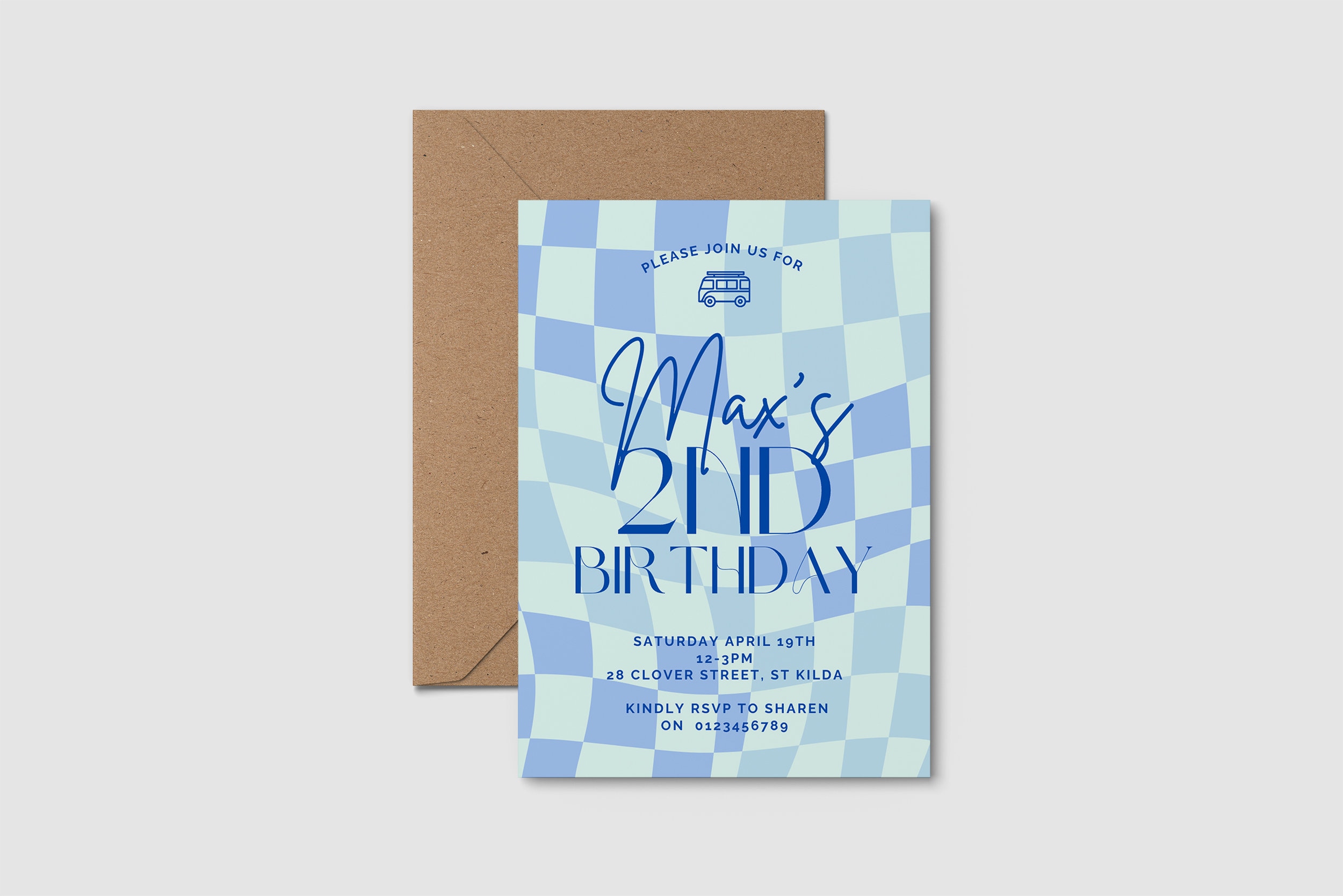 Wavy Border Blue Check Boy Birthday Party Invitation Template Squiggly ...