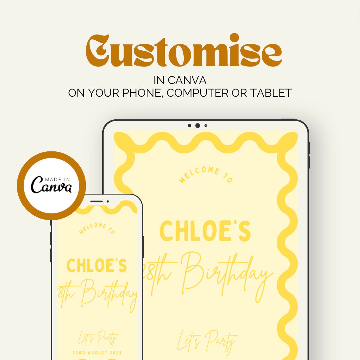 Wavy Border Yellow Party Easel Welcome Sign Template Squiggly Border ...
