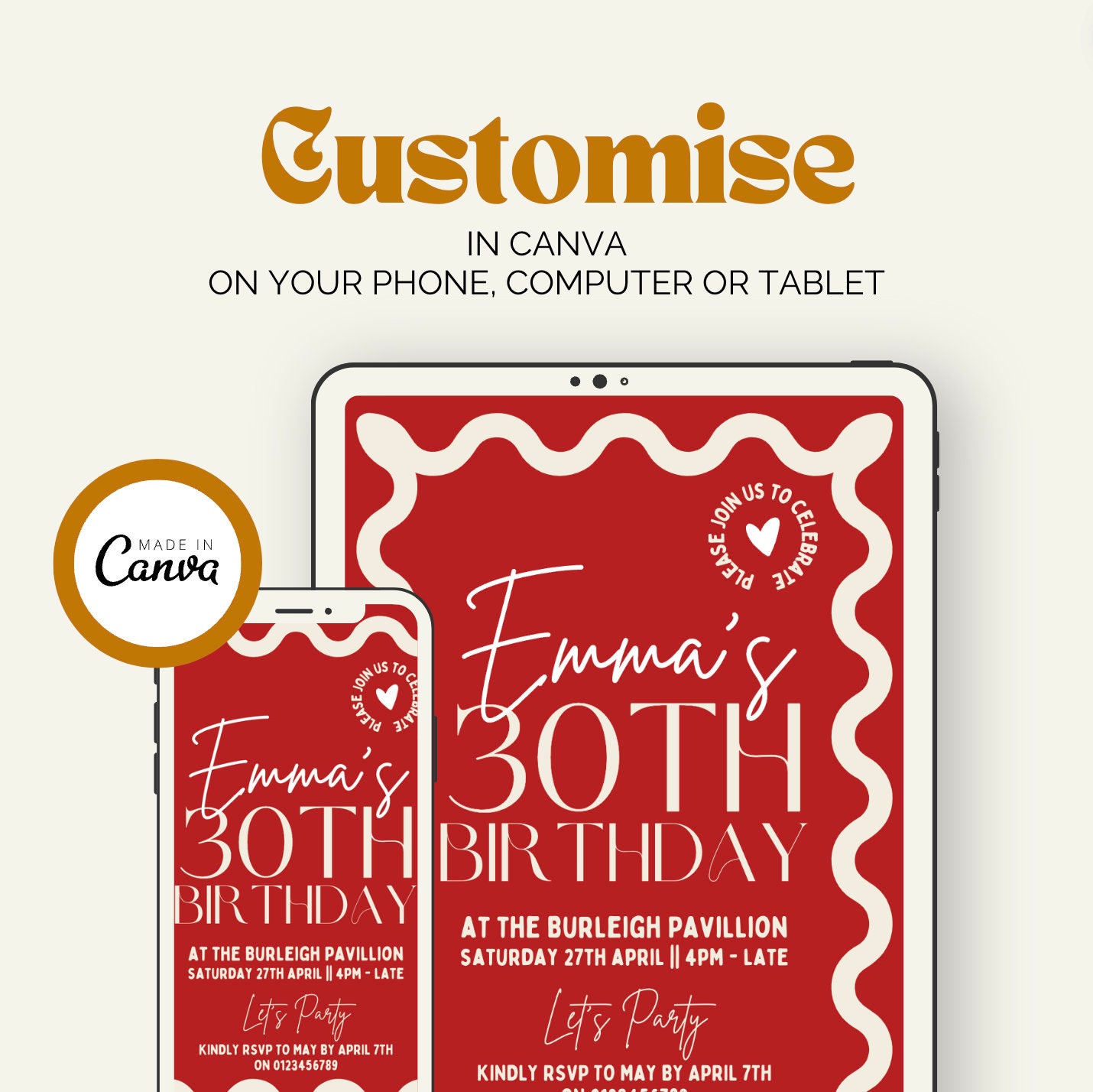 Wavy Border Red White Birthday Party Invitation Template Squiggly ...