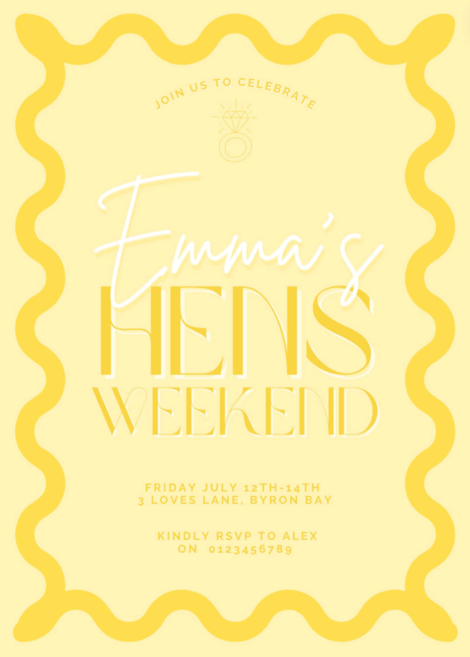 Hens Weekend Invitation Template Wavy Border Yellow Bachelorette Party ...