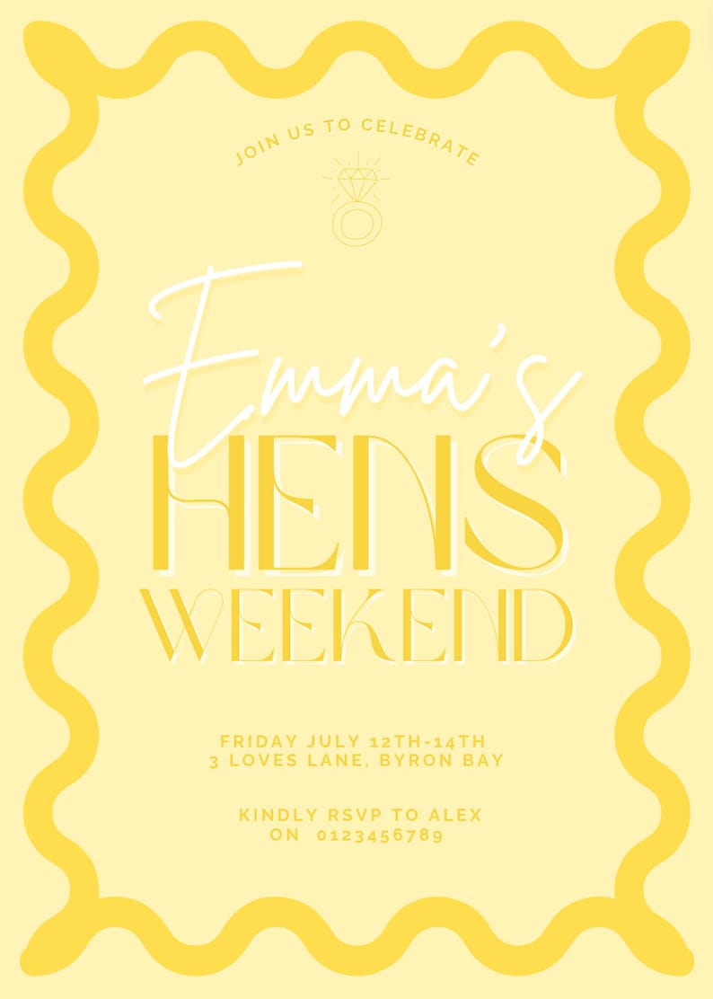 Hens Weekend Invitation Template Wavy Border Yellow Bachelorette Party ...