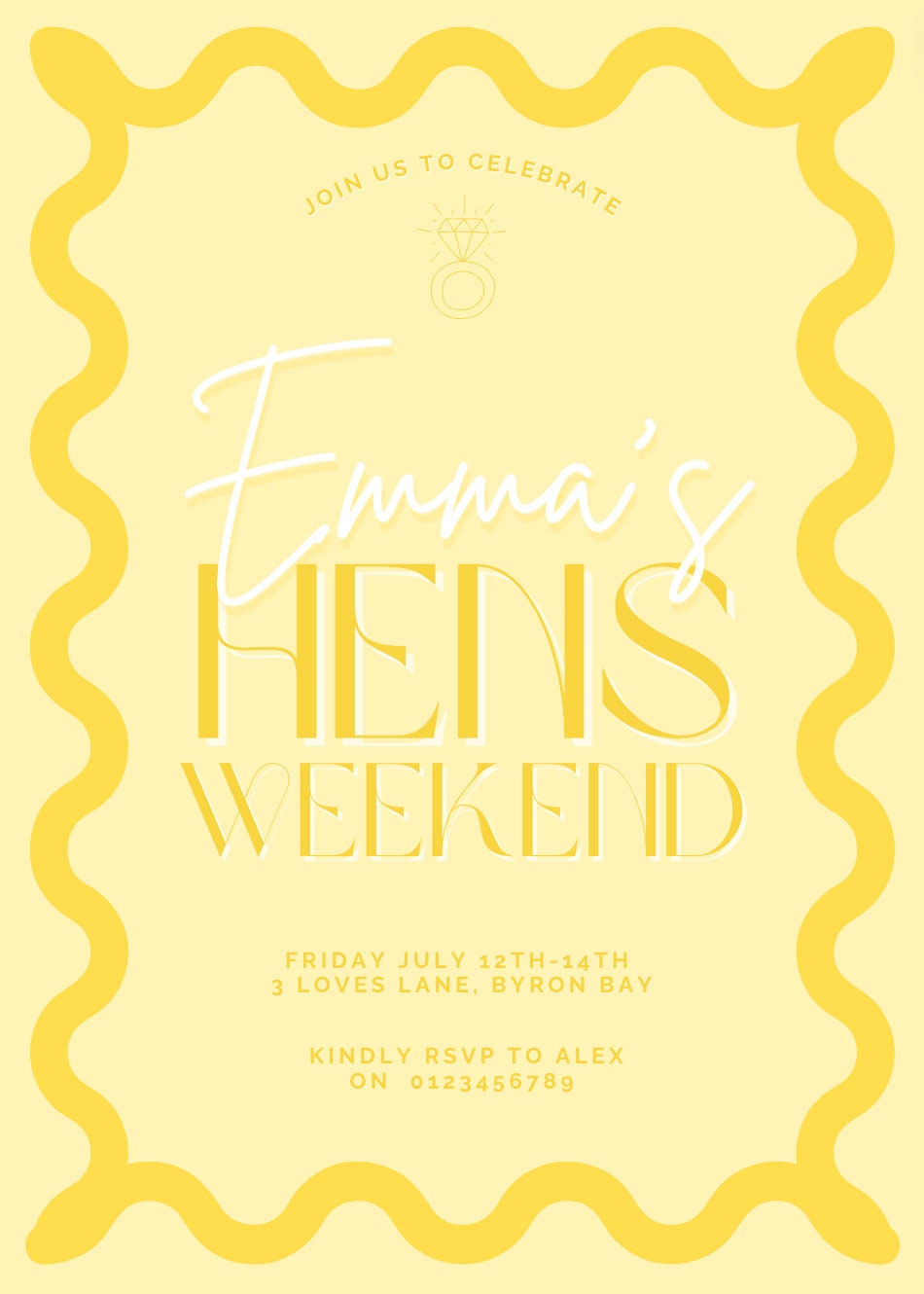 Hens Weekend Invitation Template Wavy Border Yellow Bachelorette Party ...
