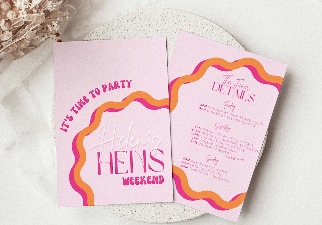 Hens Weekend Invitation Template Wavy Border Pink Orange Bachelorette ...