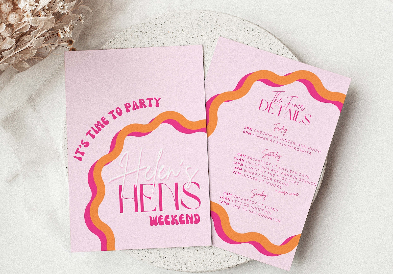 Hens Weekend Invitation Template Wavy Border Pink Orange Bachelorette ...