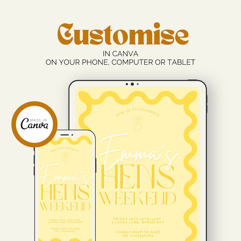 Hens Weekend Invitation Template Wavy Border Yellow Bachelorette Party ...