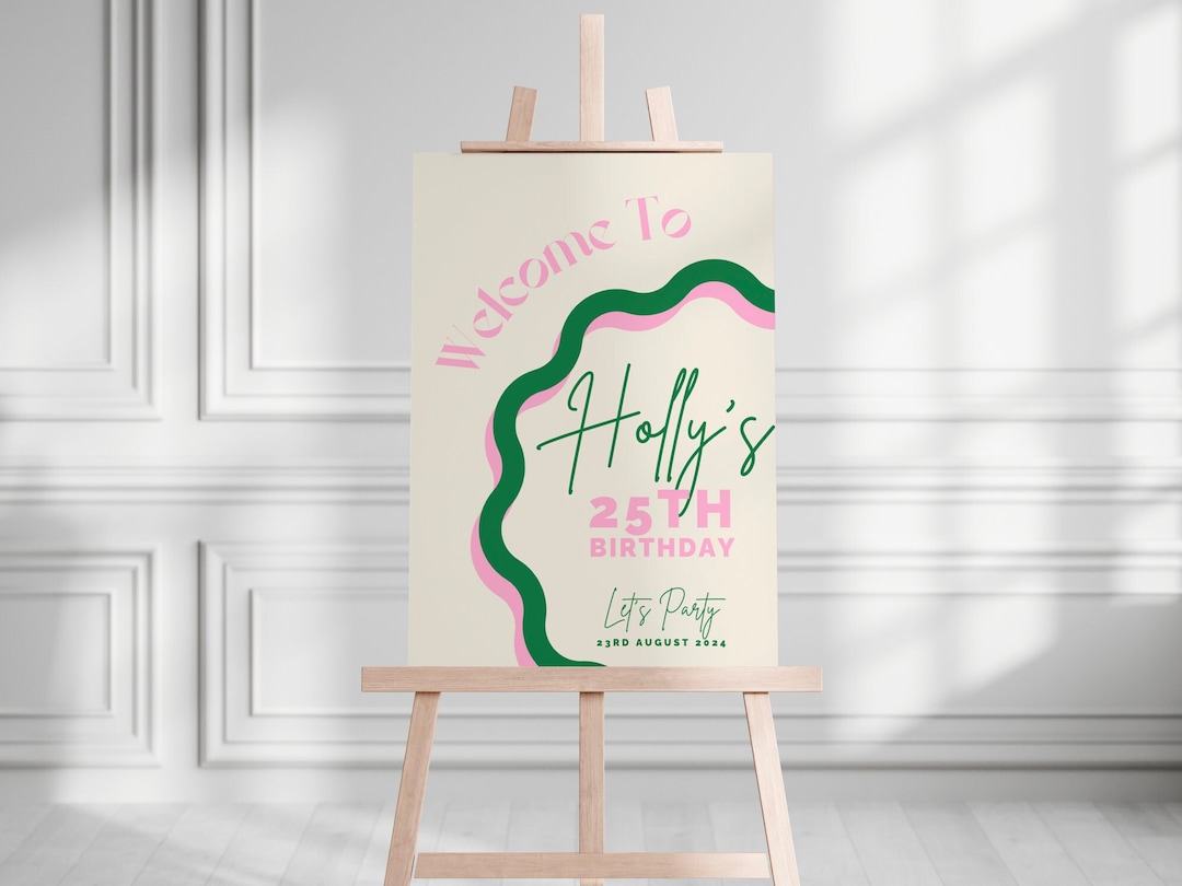 Wavy Border Pink Green Birthday Party Welcome Sign Template A1 Squiggly ...