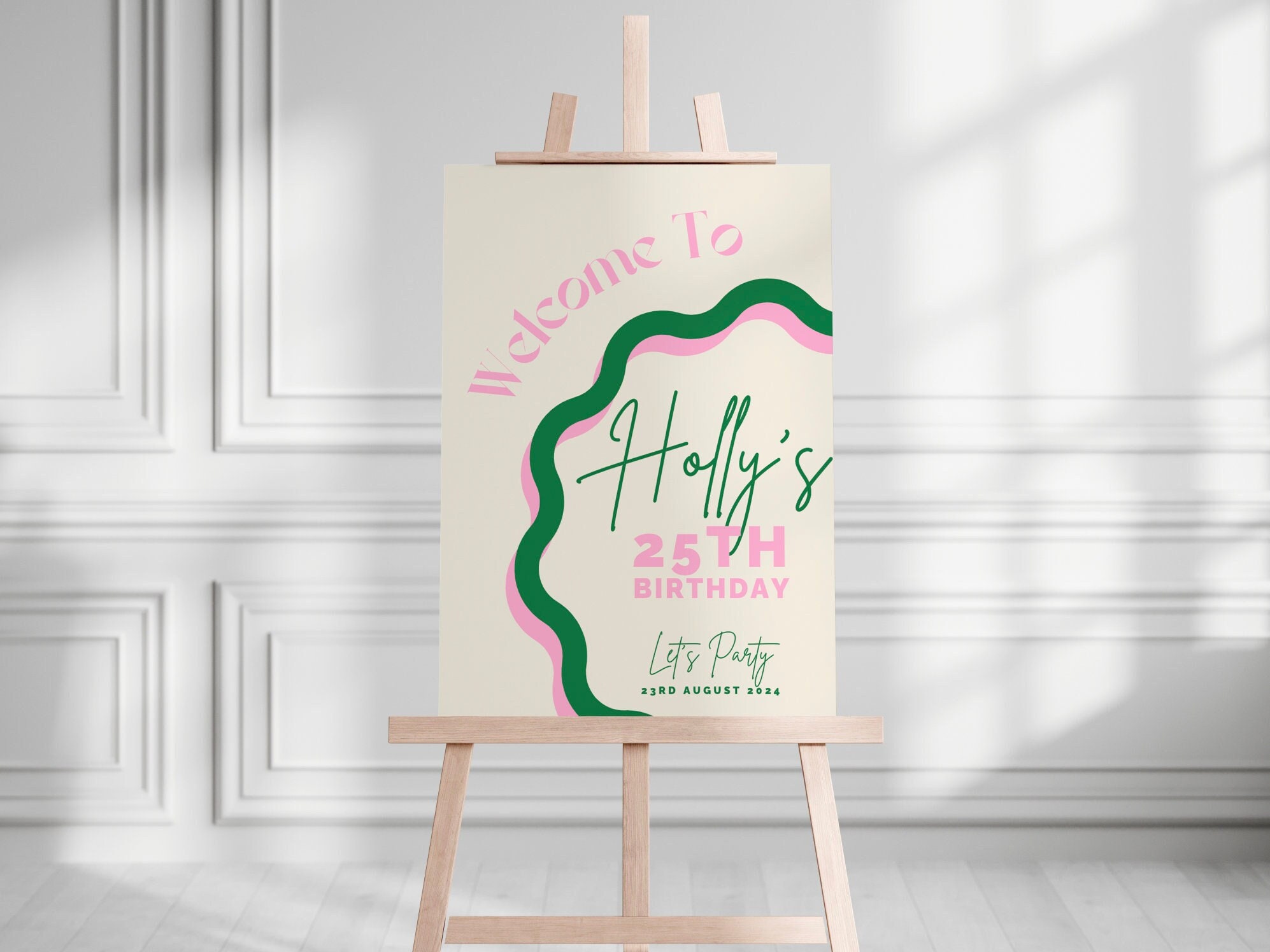 Wavy Border Pink Green Birthday Party Welcome Sign Template A1 Squiggly ...
