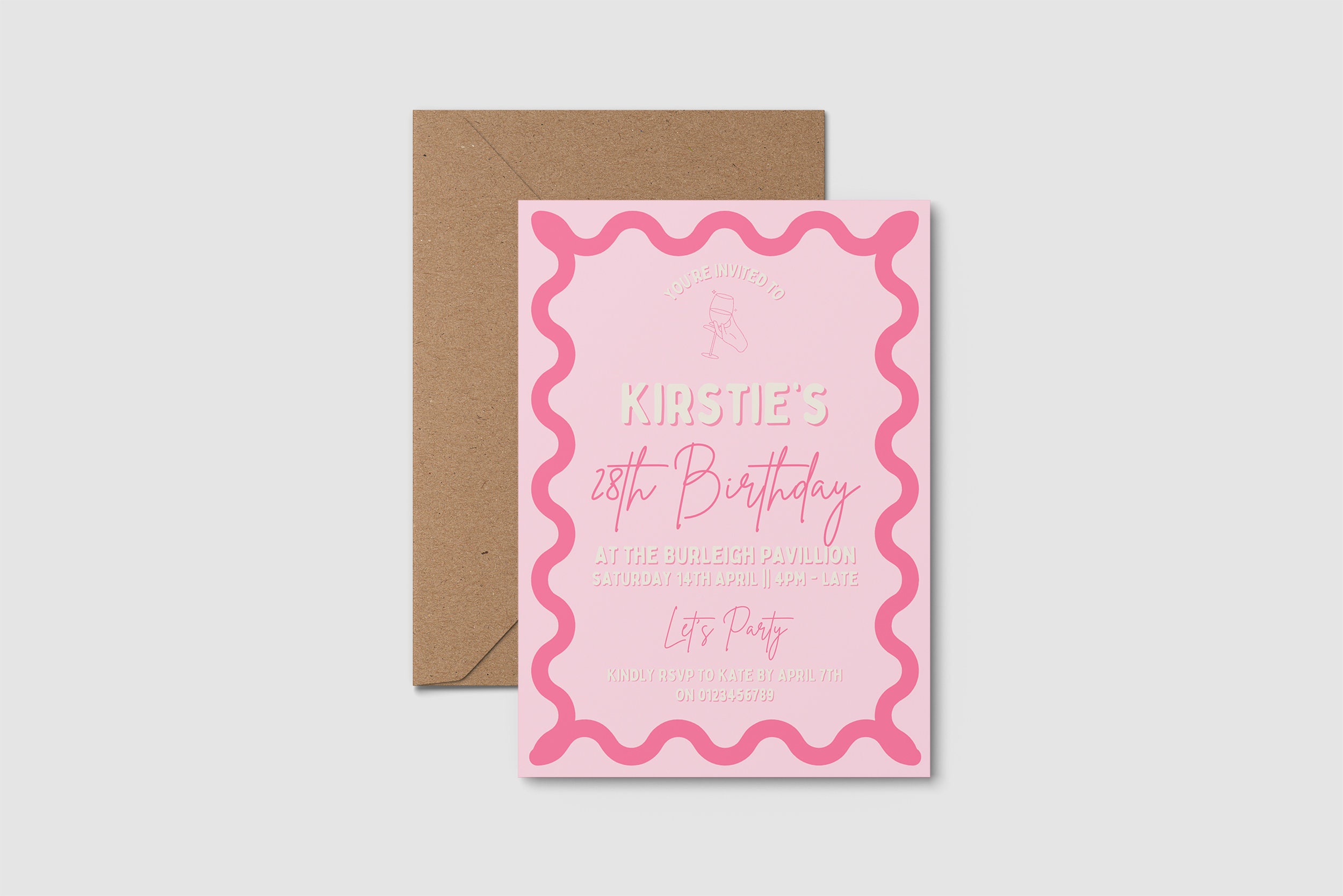 Wavy Border Pink Birthday Party Invitation Template Squiggly Border ...