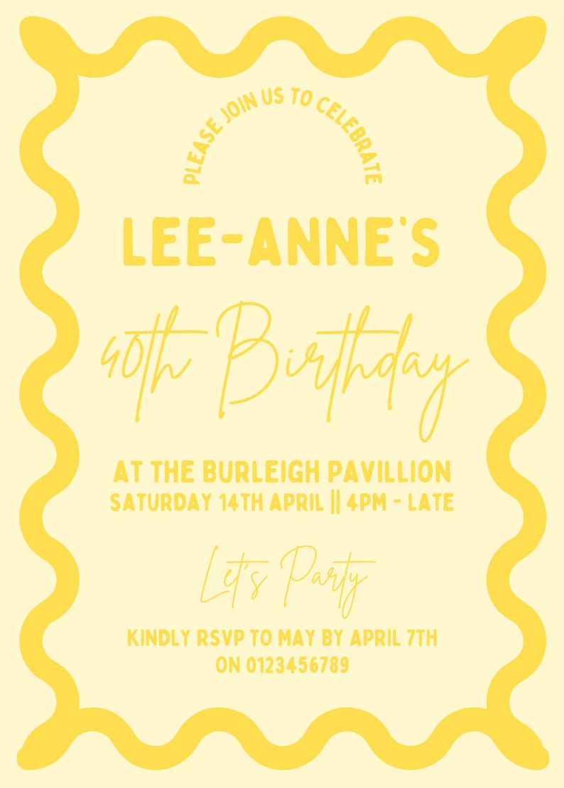Wavy Border Yellow Birthday Party Invitation Template Squiggly Border ...