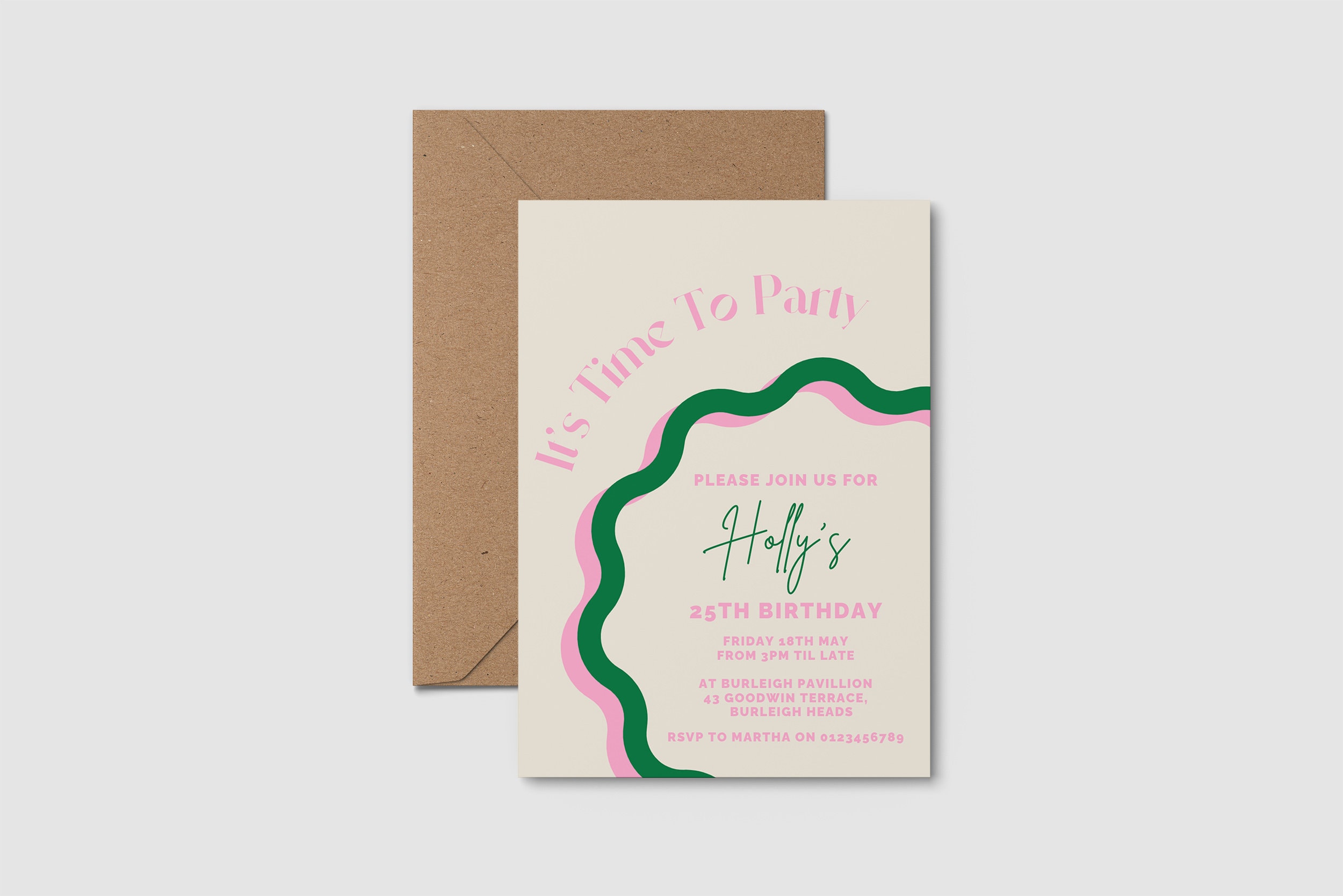 Wavy Border Pink Green Birthday Party Invitation Template Squiggly ...