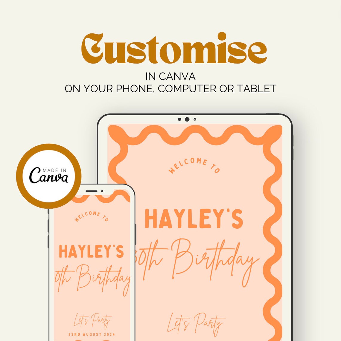 Wavy Border Orange Party Easel Welcome Sign Template Squiggly Border ...