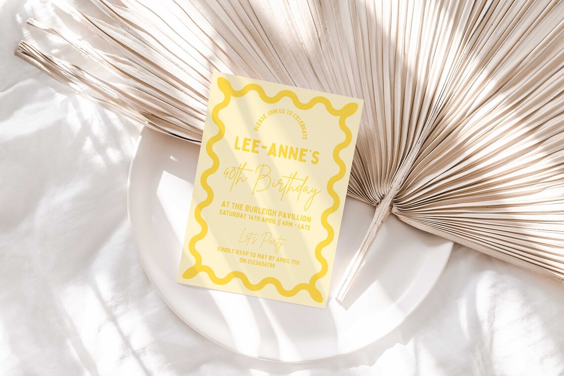 Wavy Border Yellow Birthday Party Invitation Template Squiggly Border ...