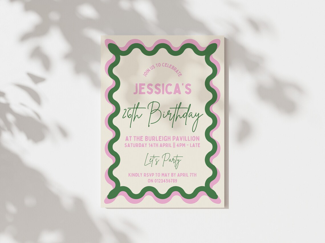 Wavy Border Pink Green Birthday Party Invitation Template Squiggly ...