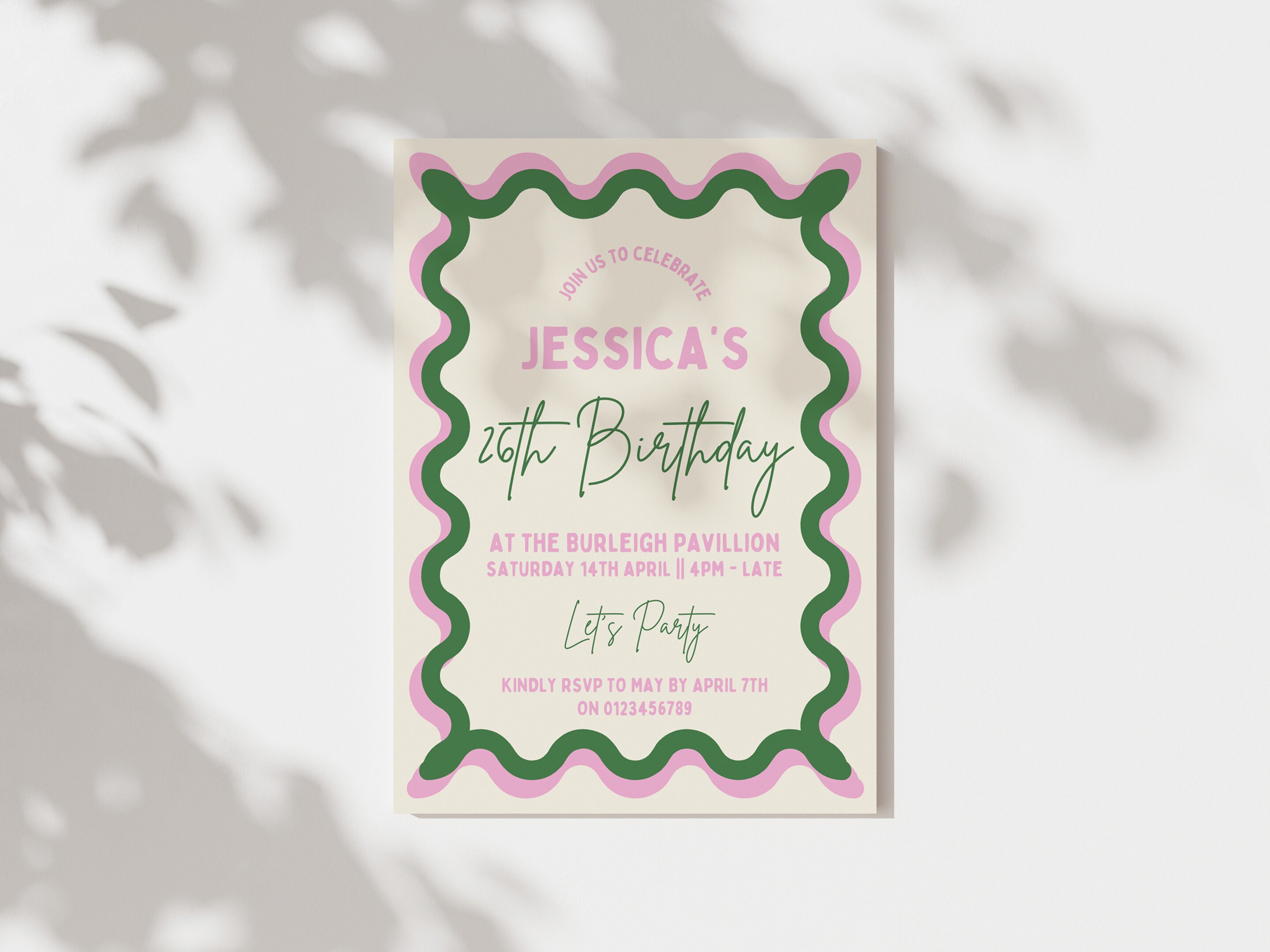 Wavy Border Pink Green Birthday Party Invitation Template Squiggly ...