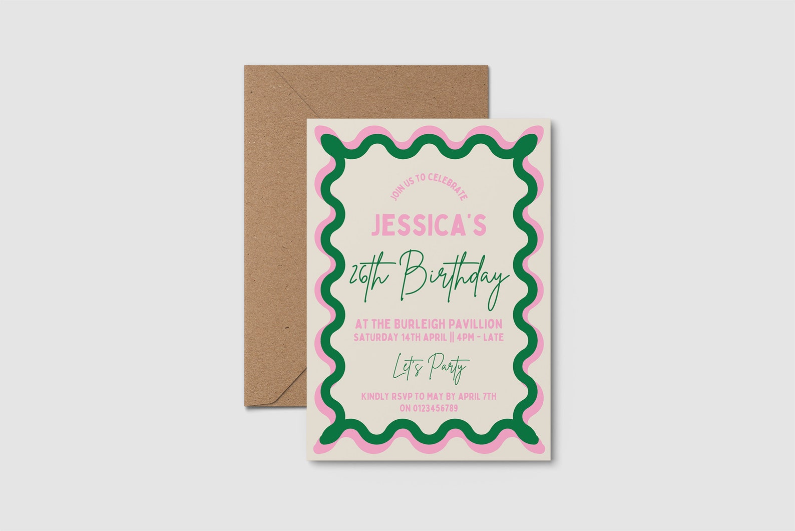 Wavy Border Pink Green Birthday Party Invitation Template Squiggly ...