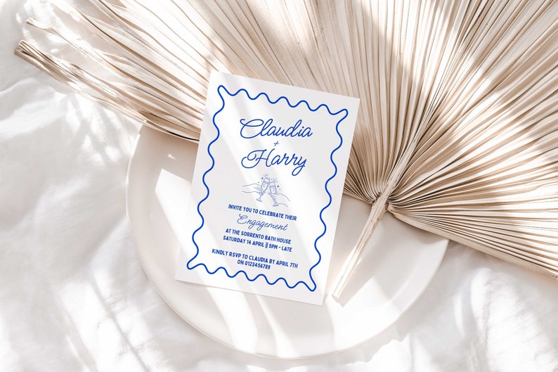 Wavy Border Engagement Party Invitation Template Blue White Squiggly ...