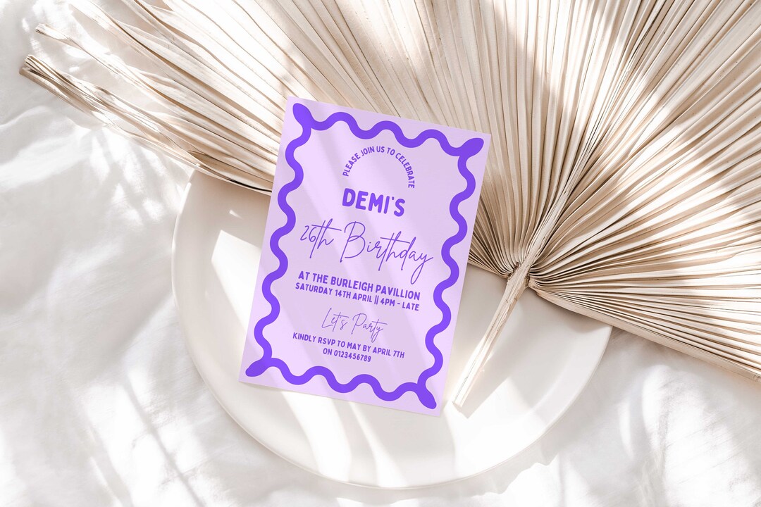 Wavy Border Purple Birthday Party Invitation Template Squiggly Border ...