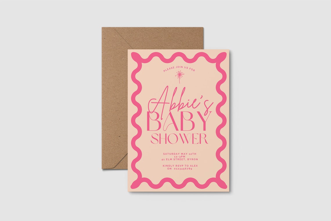 Wavy Baby Shower Invitation Pink Squiggly Border Invitation Digital ...