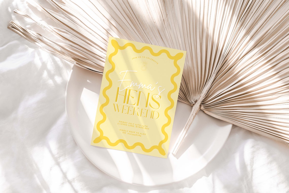 Hens Weekend Invitation Template Wavy Border Yellow Bachelorette Party ...