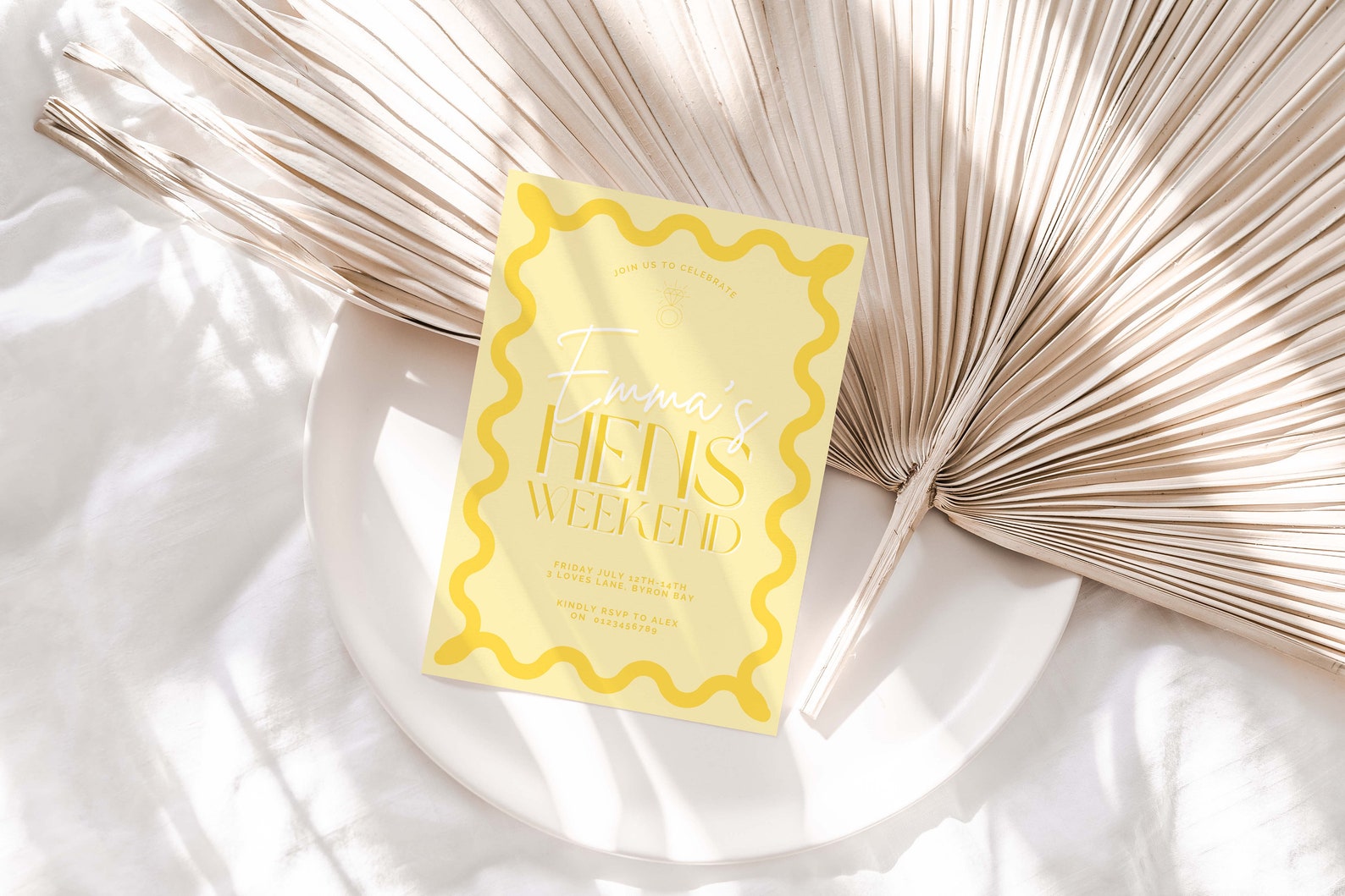 Hens Weekend Invitation Template Wavy Border Yellow Bachelorette Party ...