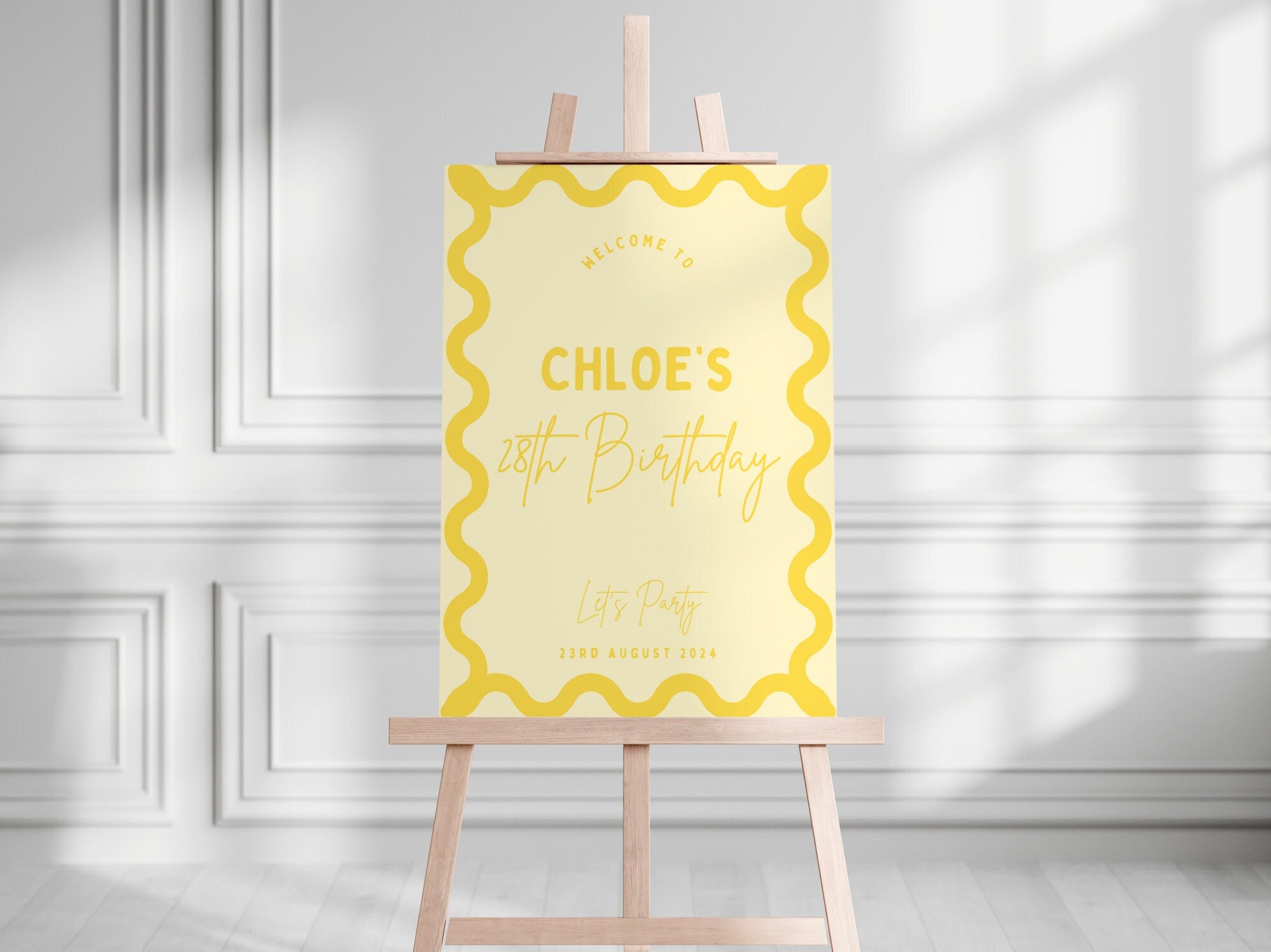 Wavy Border Yellow Party Easel Welcome Sign Template Squiggly Border ...