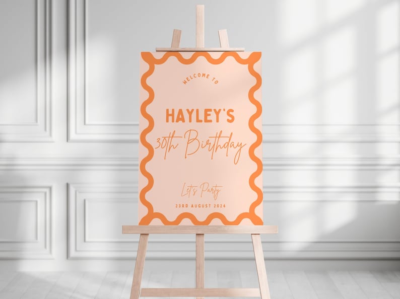 Wavy Border Orange Party Easel Welcome Sign Template Squiggly Border ...
