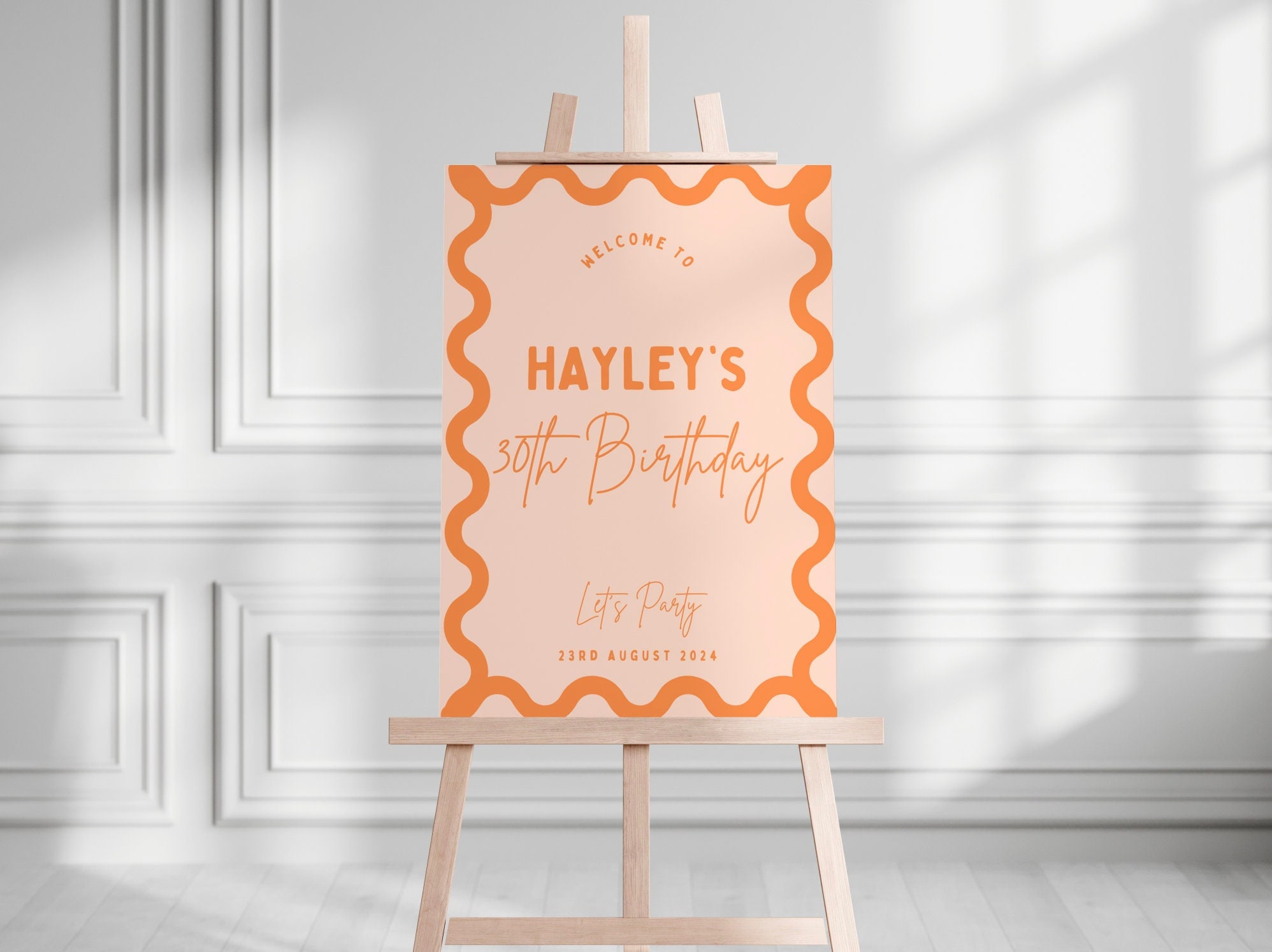 Wavy Border Orange Party Easel Welcome Sign Template Squiggly Border ...
