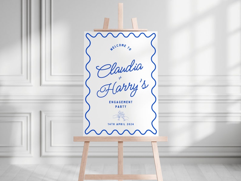 Wavy Border Engagement Party Easel Welcome Sign Template Squiggly ...