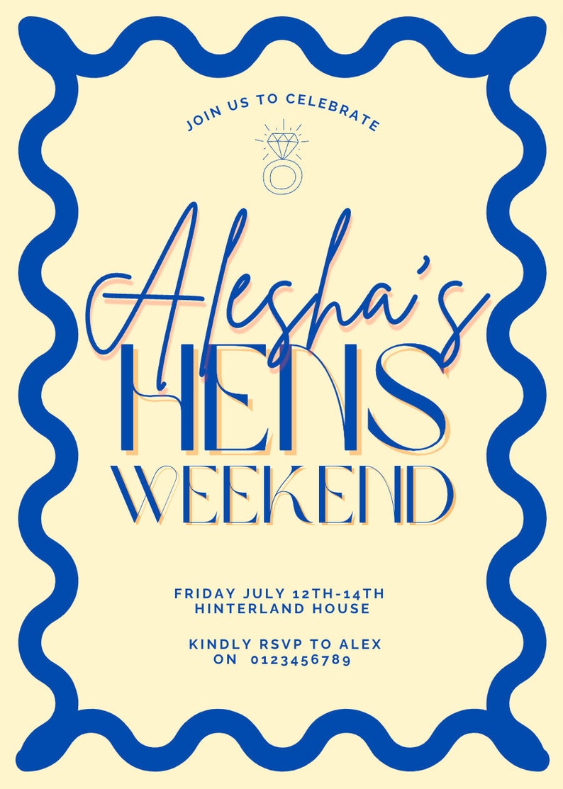 Hens Weekend Invitation Template Wavy Border Yellow Blue Bachelorette ...