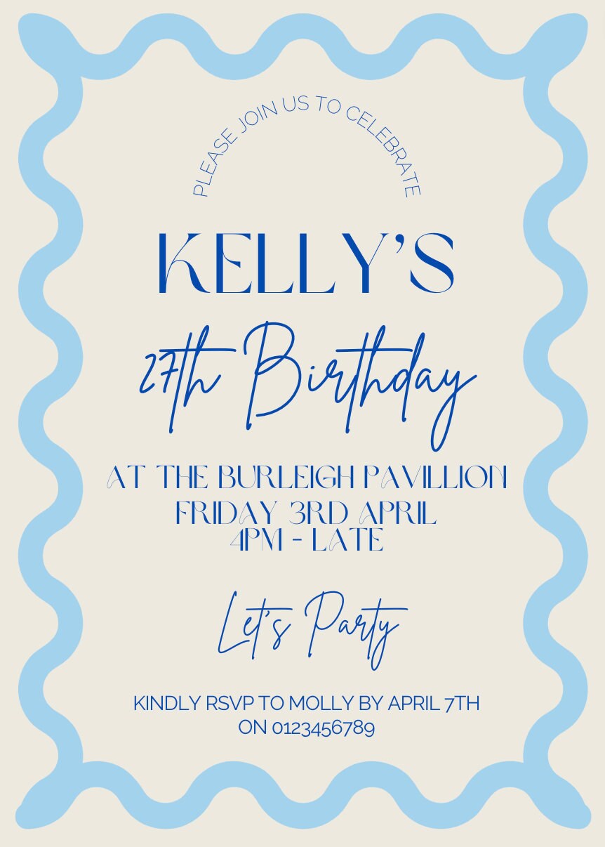Wavy Border Blue Birthday Party Invitation Template Squiggly Border ...