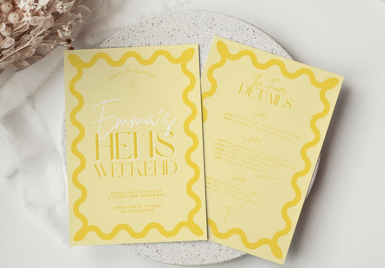 Hens Weekend Invitation Template Wavy Border Yellow Bachelorette Party ...