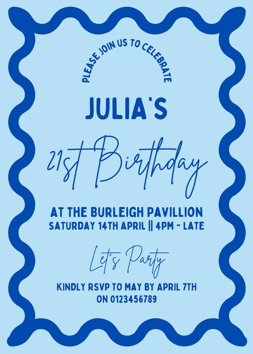 Wavy Border Blue Birthday Party Invitation Template Squiggly Border ...