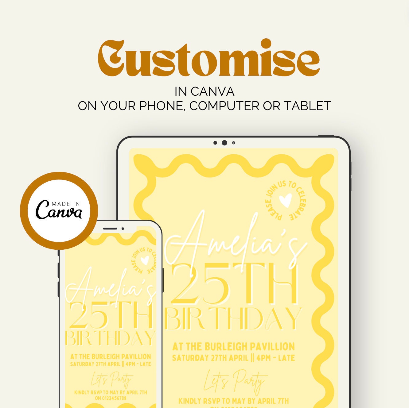Wavy Border Yellow Birthday Party Invitation Template Squiggly Border ...