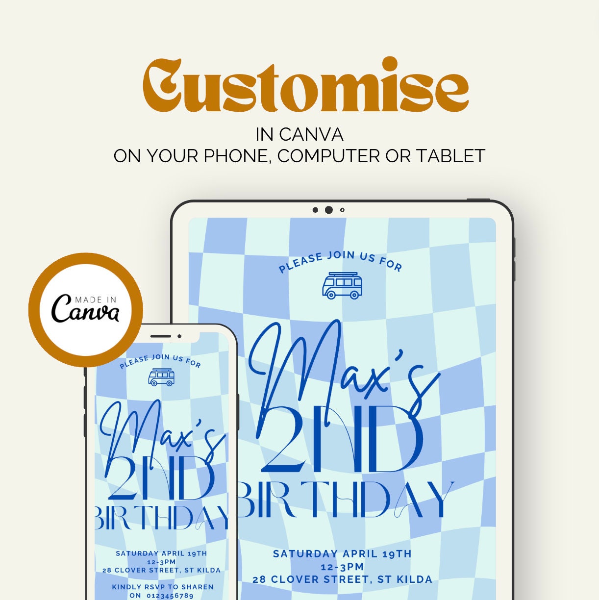 Wavy Border Blue Check Boy Birthday Party Invitation Template Squiggly ...