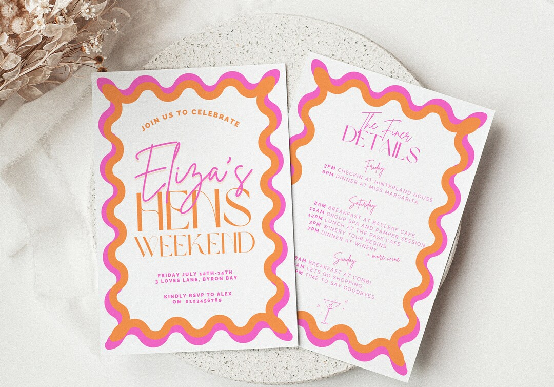 Modèle d'Invitation week-end poules bordure ondulée rose orange EVJF ...